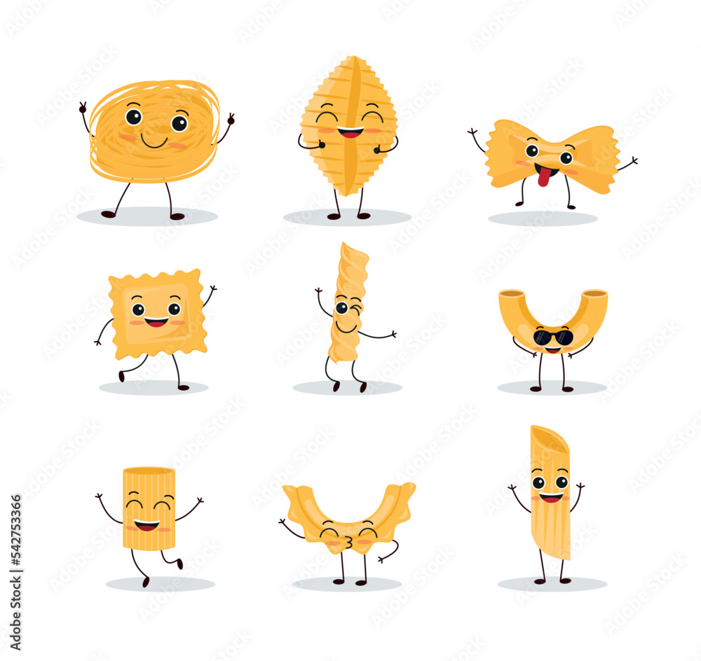 Pasta characters. Funny noodles with cute faces, hands and feet, comic ...