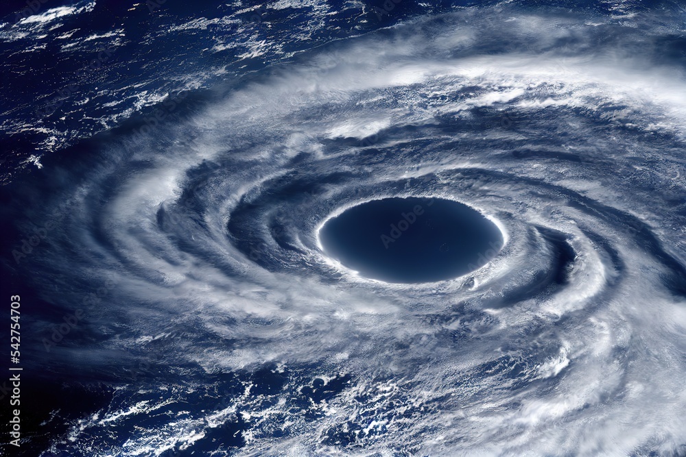 Super typhoon whirlpool hurricane eye over sea ocean surface natural ...