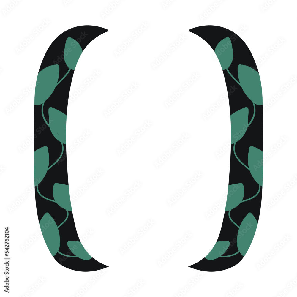 Black curly braces with green leaves vector illustration isolated on ...