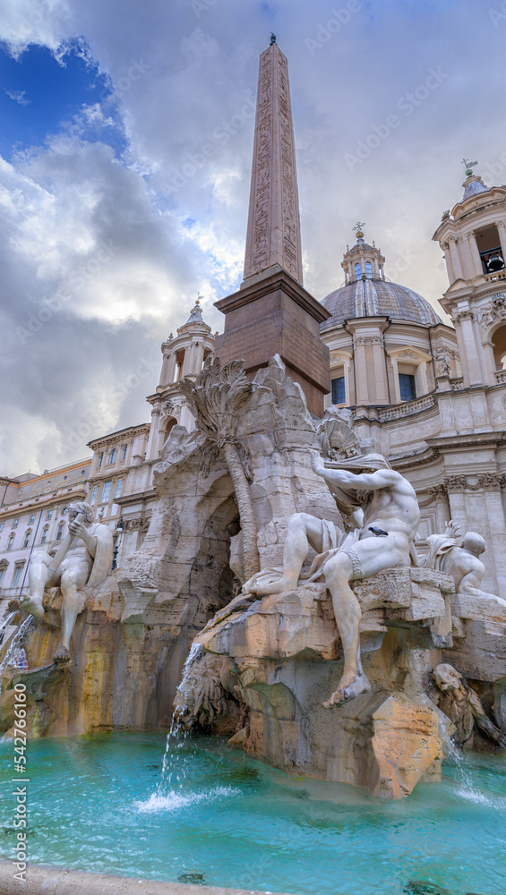 Urban view of Rome, Italy: Fountain of the Four Rivers (Fontana dei ...