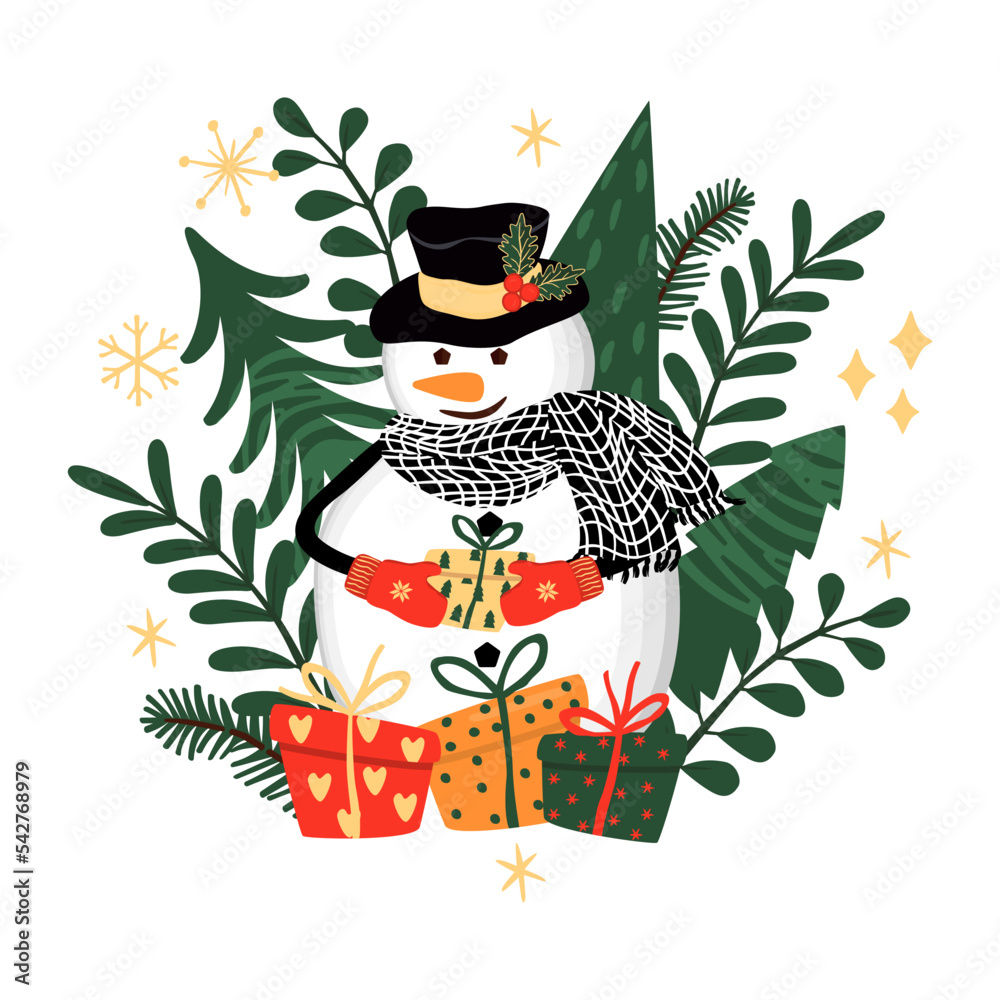 Winter seasonal vector illustration with snowman.Character in a hat and ...