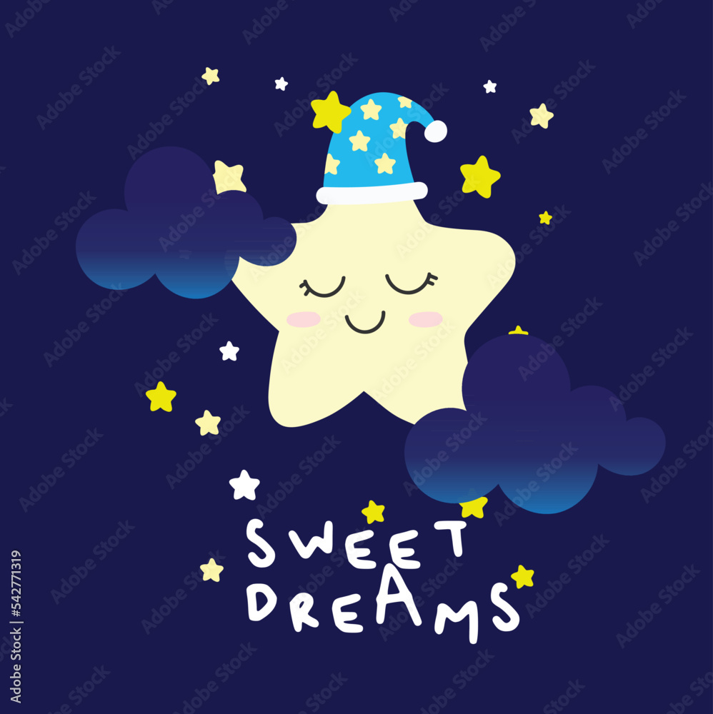 sweet dreams sleeping star cartoon illustration with clouds and santa ...