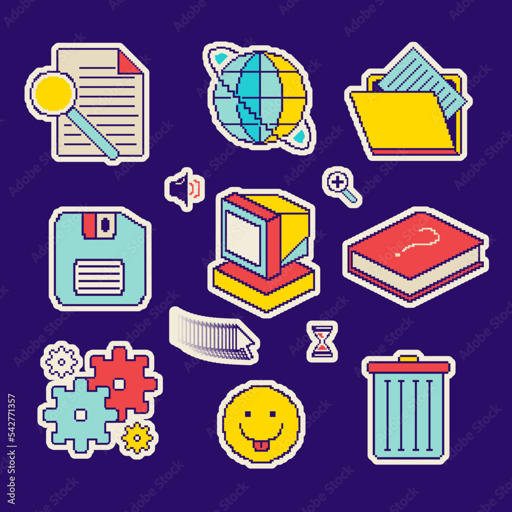 Retro y2k pixel art Computer icons. Fun Old style stickers and patches ...