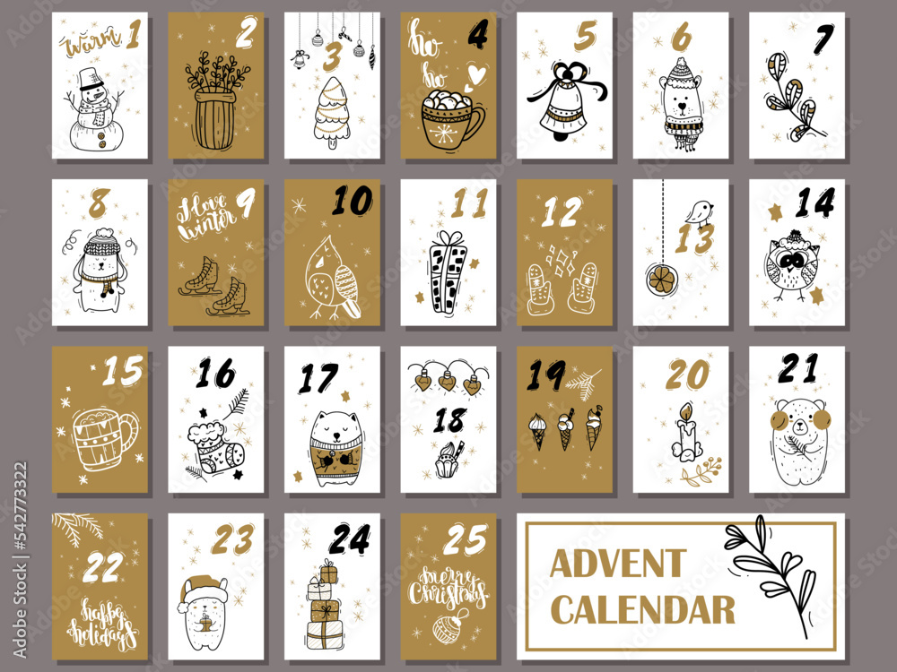 Christmas advent calendar with hand drawn design elements and ...