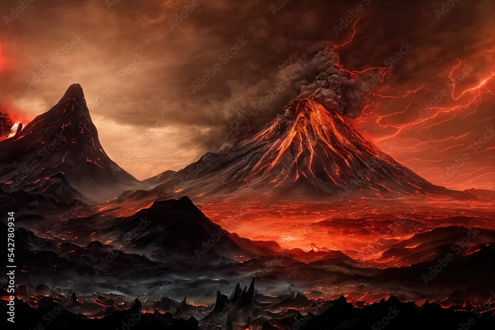 Illustration featuring a land of evil. Smoke and lava surrounding camps ...