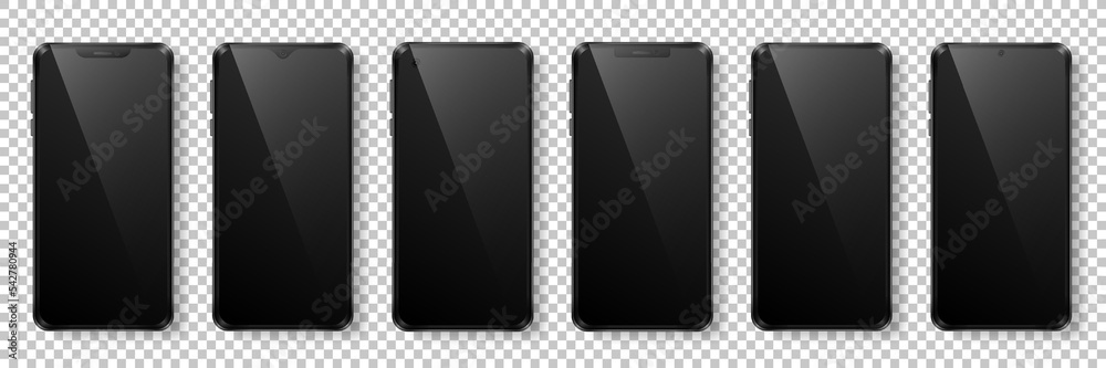 Mockup of six smartphones with black glossy screen and different ...