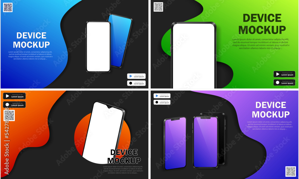 Collection of four dark advertising banners with realistic smartphones ...