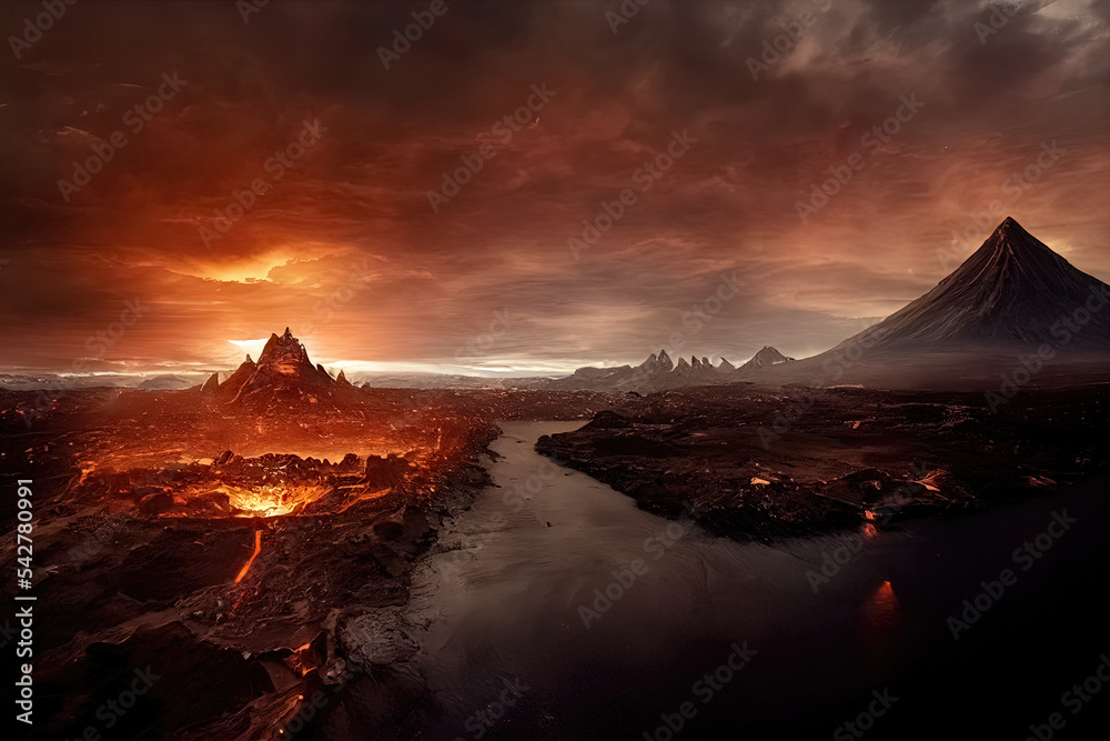 Illustration featuring a land of evil. Smoke and lava surrounding camps ...