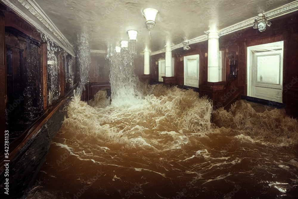 Interior of sinking ship with water flooding and rushing in open sea ...