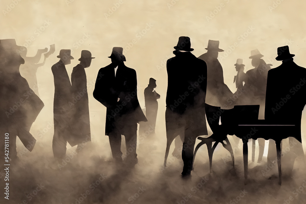 Ilustrace „Mafia gangsters standing in the smoke. Silhouettes of ...