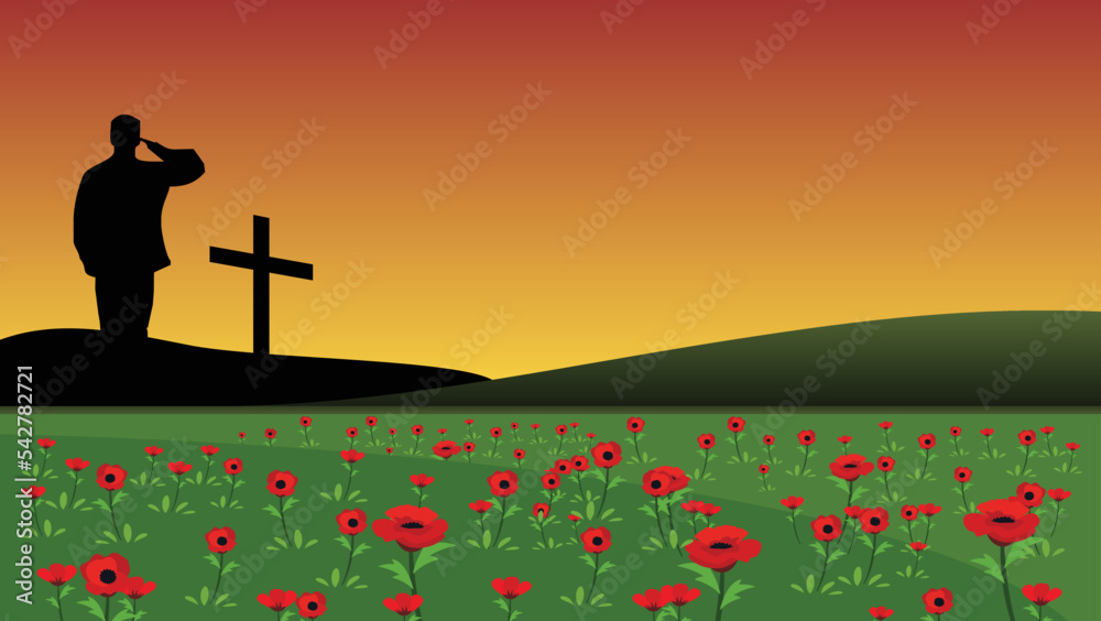 Remembrance day Field background with silhouette of a soldier alone in ...