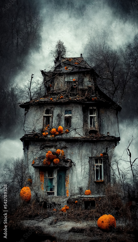 Abstract drawing of a creepy haunted old Halloween house fairy tale ...