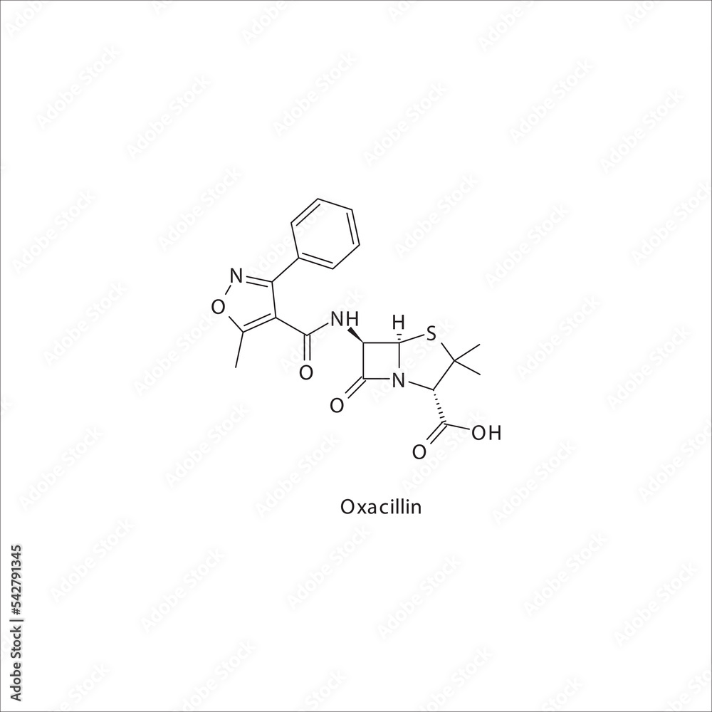 Oxacillin flat skeletal molecular structure Penicillin drug used in ...