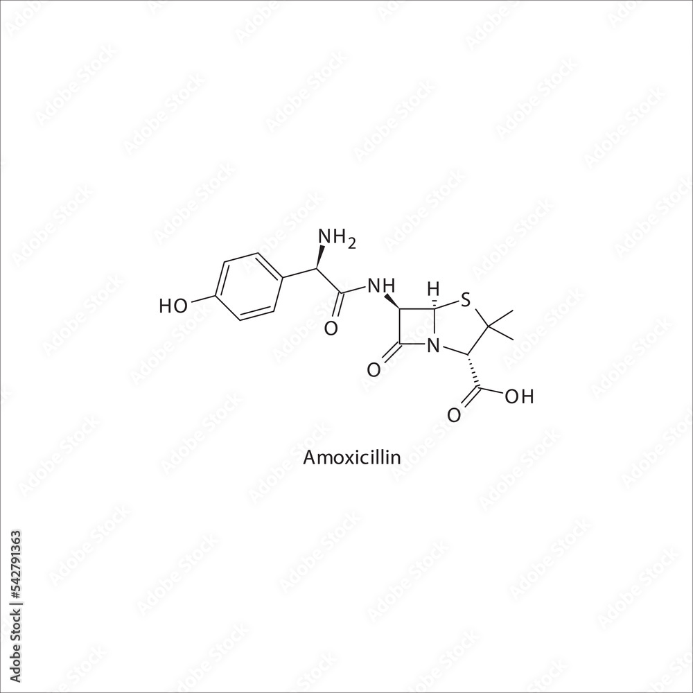 Amoxicillin flat skeletal molecular structure Penicillin drug used in ...