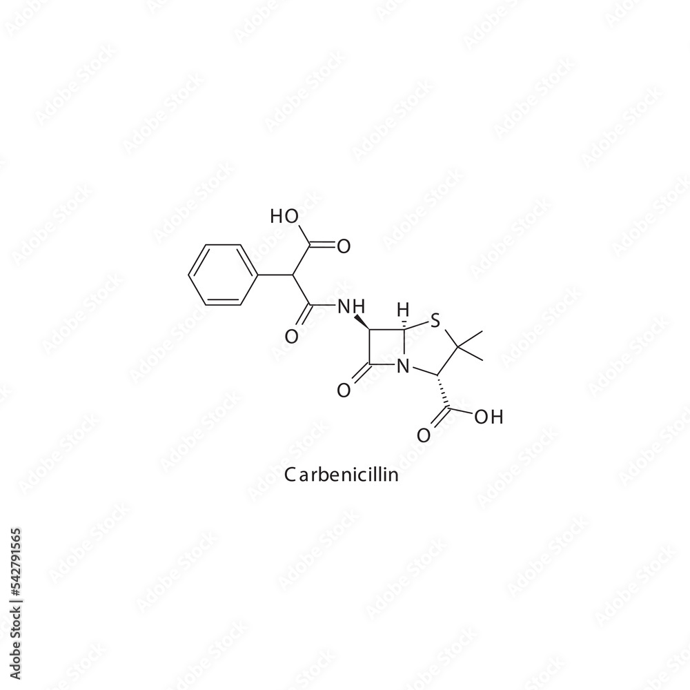 Carbenicillin flat skeletal molecular structure Penicillin drug used in bacterial infection ...
