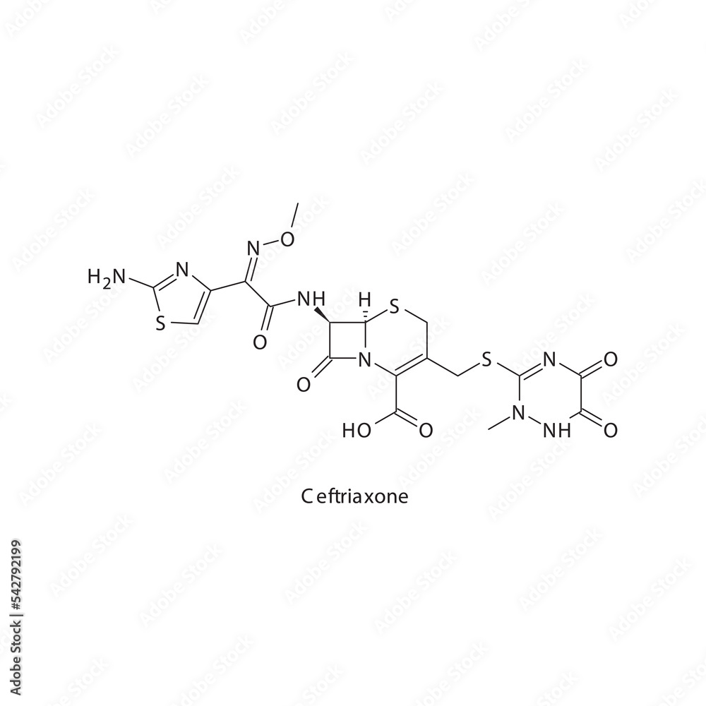 Ceftriaxone flat skeletal molecular structure 3rd generation ...