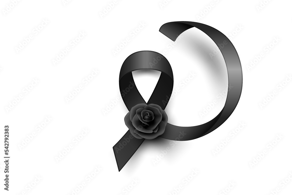 Vector Black Silk Ribbon with Black Rose. Design Template for Funeral ...
