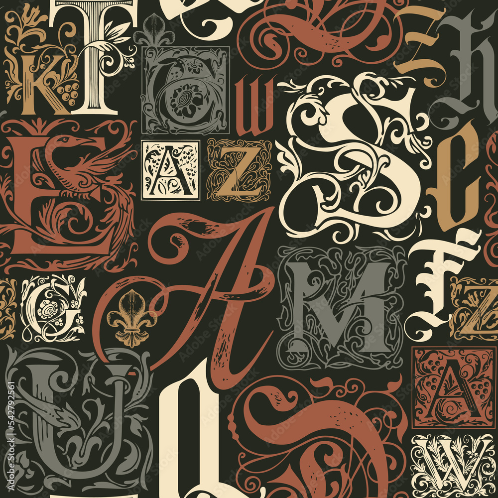 Vector seamless background pattern with hand-drawn initial and capital ...