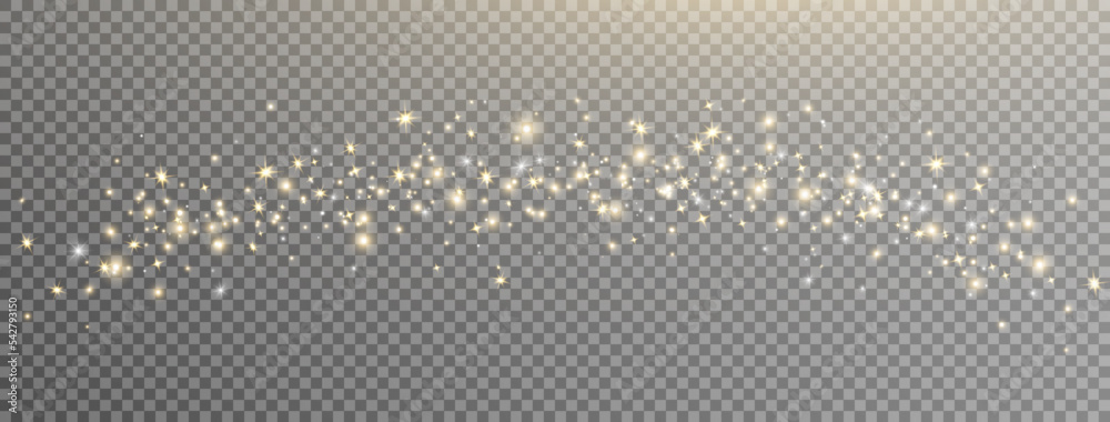 Glitter golden light and stars. Christmas Holiday glow particle. Magic star effect. Sparkle gold ...