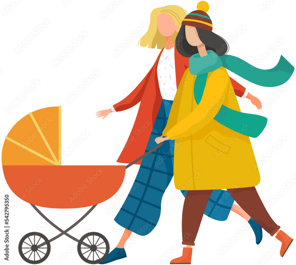 Vektorová grafika „Group of moms communicate and ride babies in prams ...