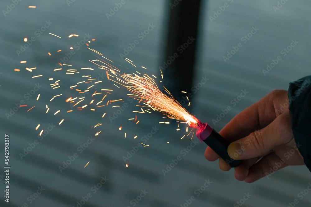 Burning Firecracker with Sparks. Guy Holding a Petard in a Hand. Loud ...