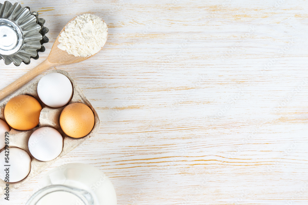 Baking cooking Ingredients background with copy space. Flour, eggs ...
