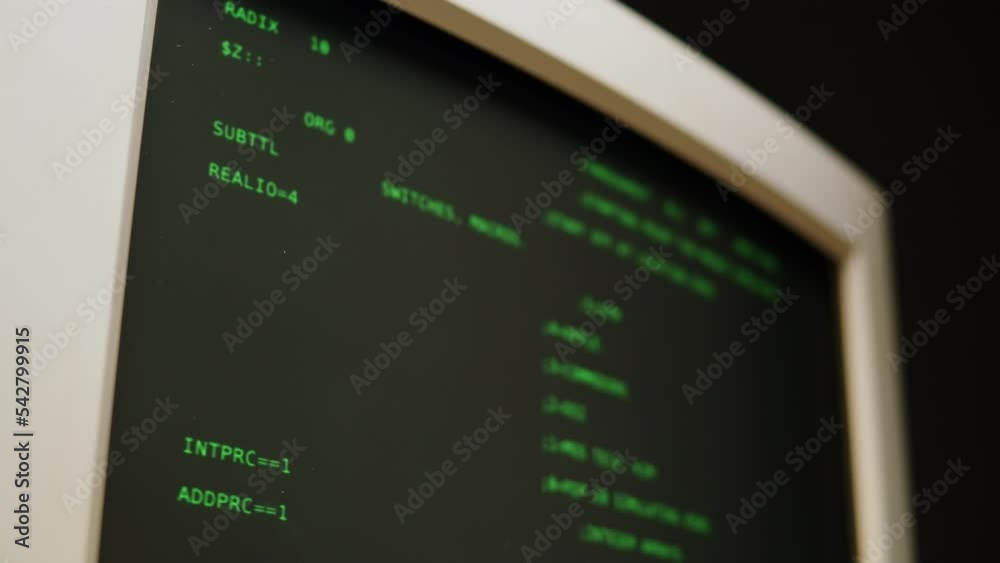 Retro pc with loading code console, programmer making scripts, green ...