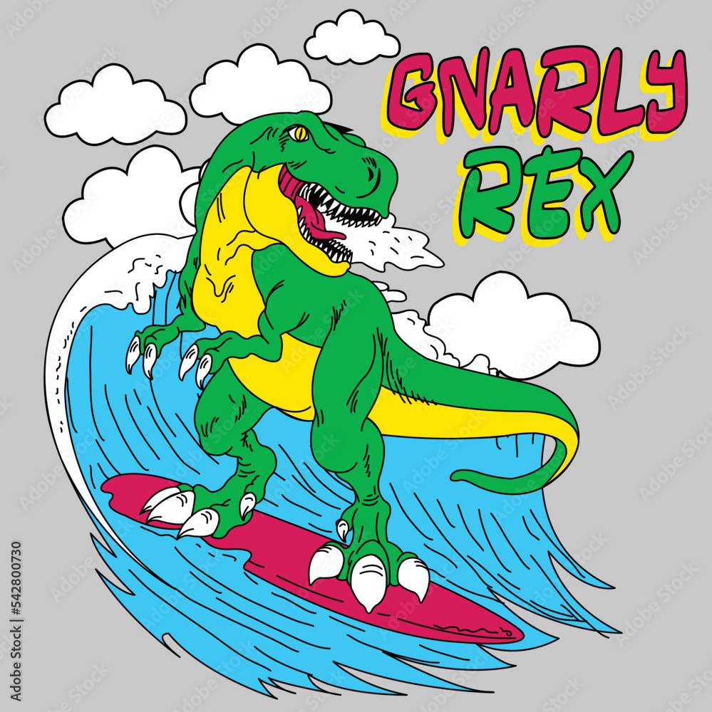TYRANNOSAURUS REX SURFING ON A WAVE IN THE OPEN SEA Stock Vector ...