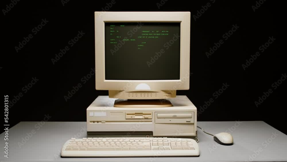 Retro pc with loading code console, programmer making scripts, green ...