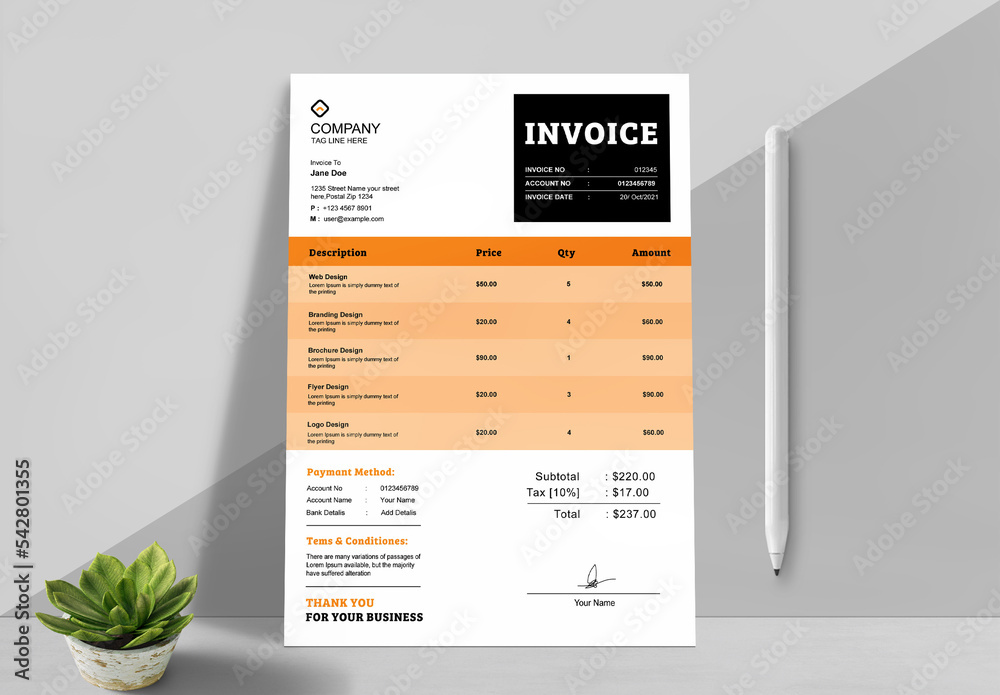 Corporate Invoice Layout with Orange and Black Accents Stock Template ...