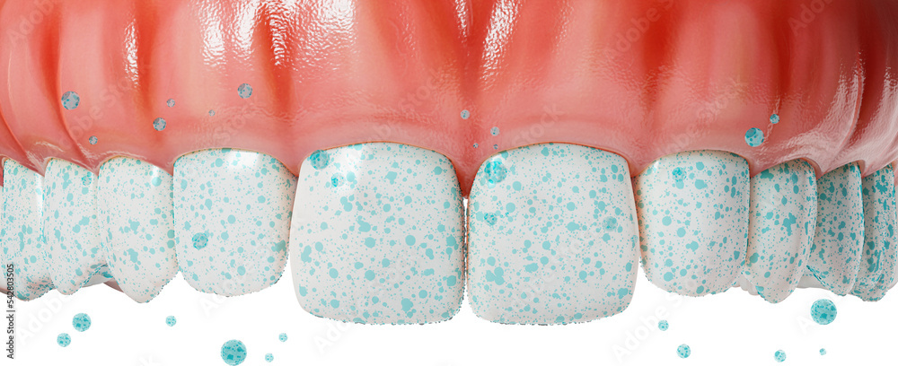 Mineralization of teeth. Teeth with calcium and fluoride, 3d rendering ...