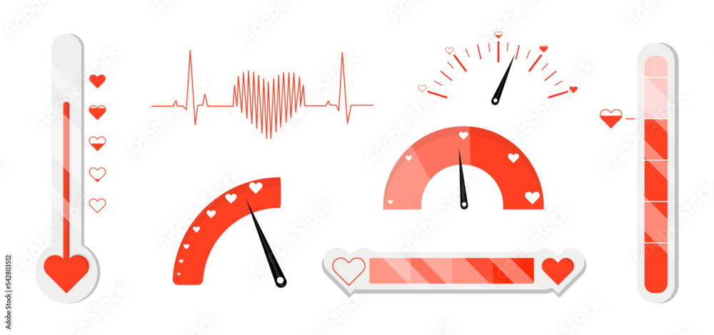 Set of red love meters in cartoon style. Vector illustration of love ...