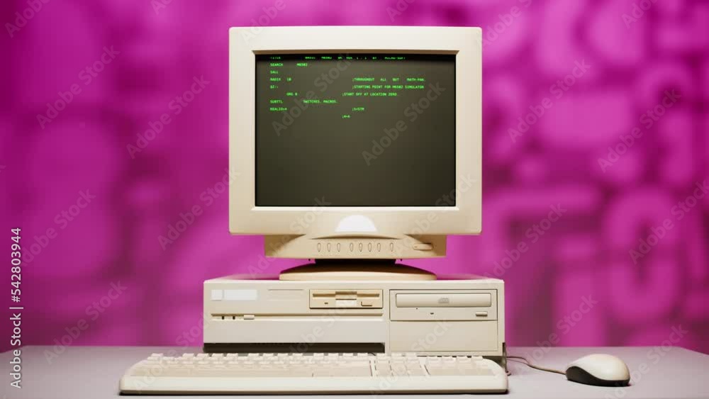 Retro pc with loading code console, programmer making scripts, green basic screen, Old computer ...