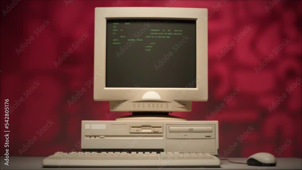 Retro pc with loading code console, programmer making scripts, green ...