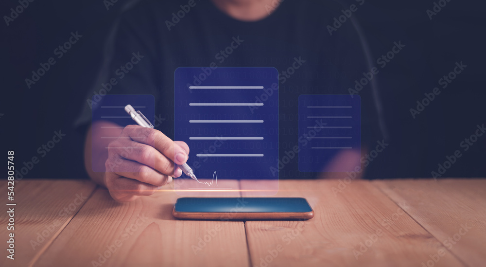 Businessman using a pen to sign electronic documents on virtual screen ...