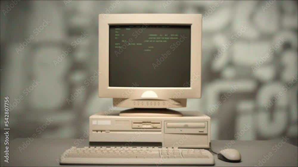 Retro pc with loading code console, programmer making scripts, green ...