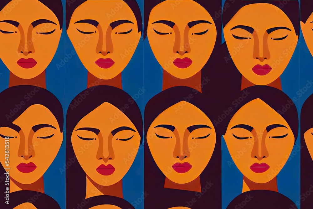 Female diverse faces of different ethnicity. 2d illustrated seamless ...