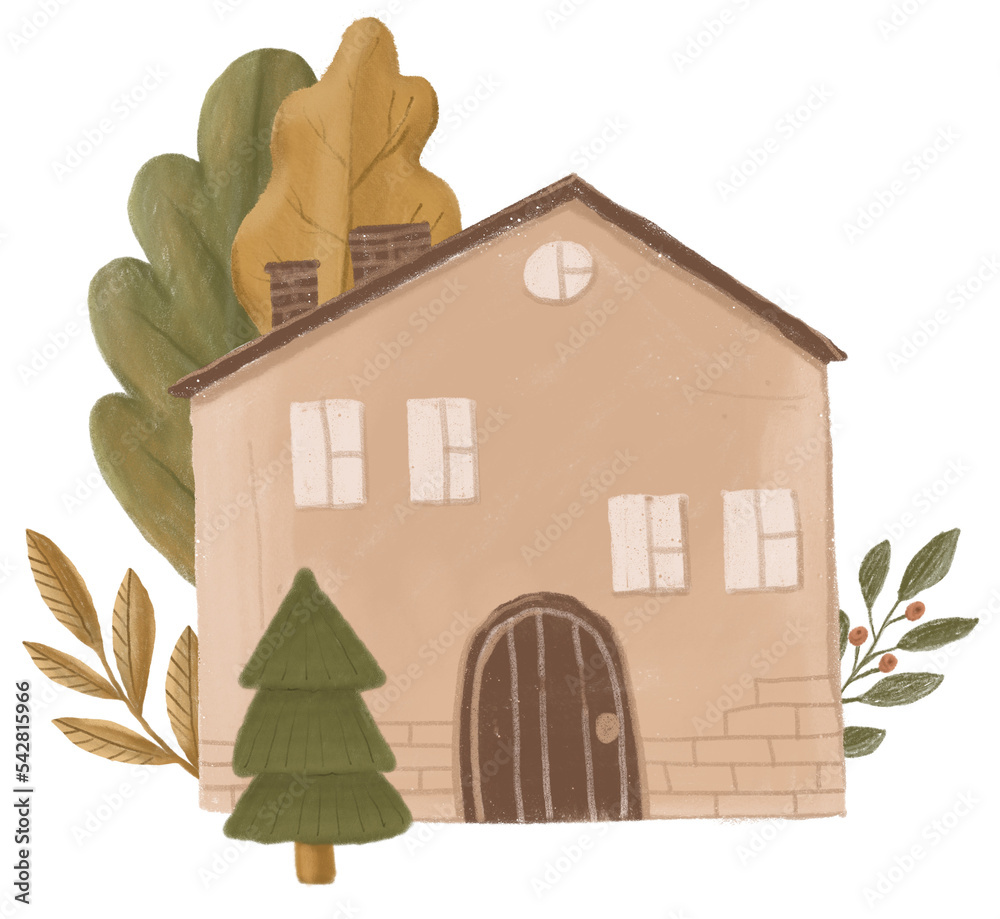 Pencil hand drawing cute cozy house illustration. Colorful children ...