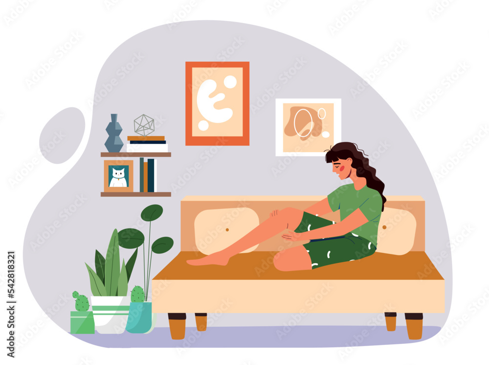 Slump Laziness concept. Sad young girl sits on bed. Frustration and ...