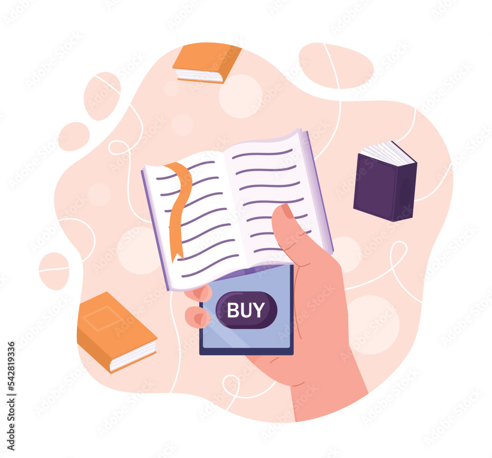 Concept of bookstore. Smartphone with book, modern technology and ...