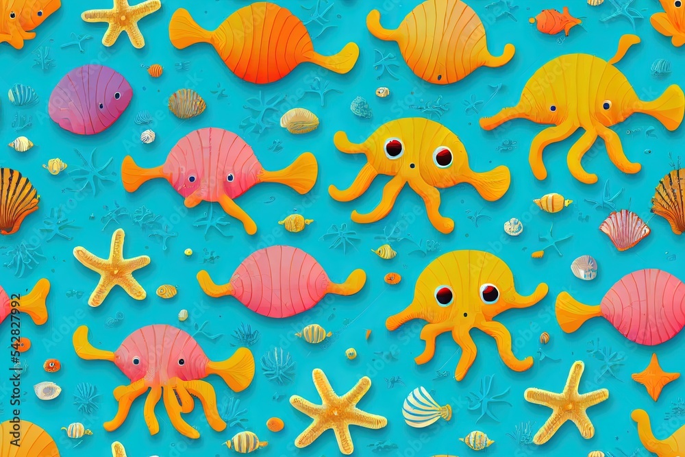 2d illustrated pattern with sea creatures and seashells. An underwater ...