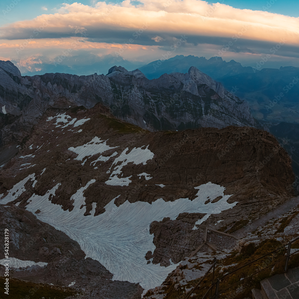 High resolution stitched panorama sunset at the famous Saentis summit ...