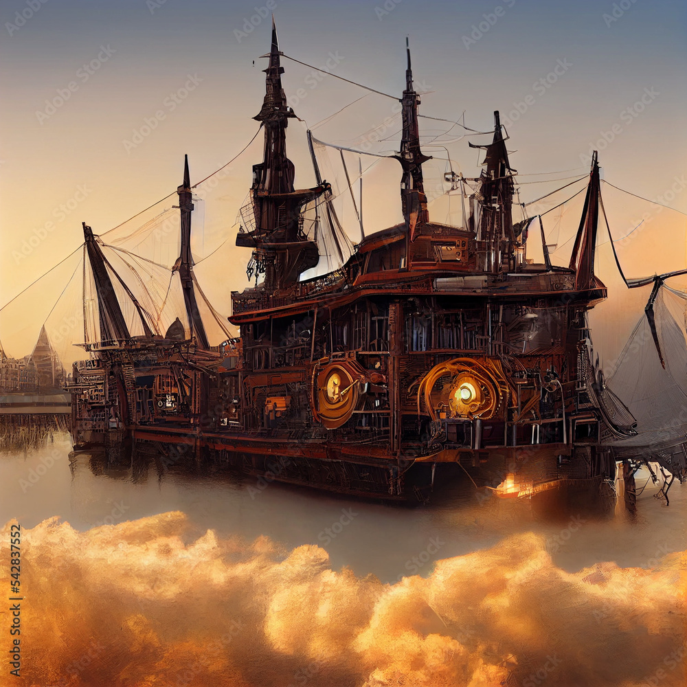 Pirate ship at dock, a large medieval ships at sea at sunrise. Stock ...