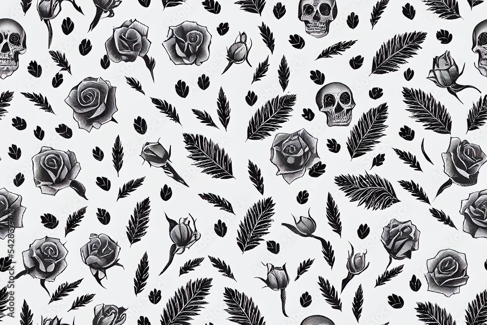 Vintage tattoos seamless pattern with sugar skulls roses barbed wire ...