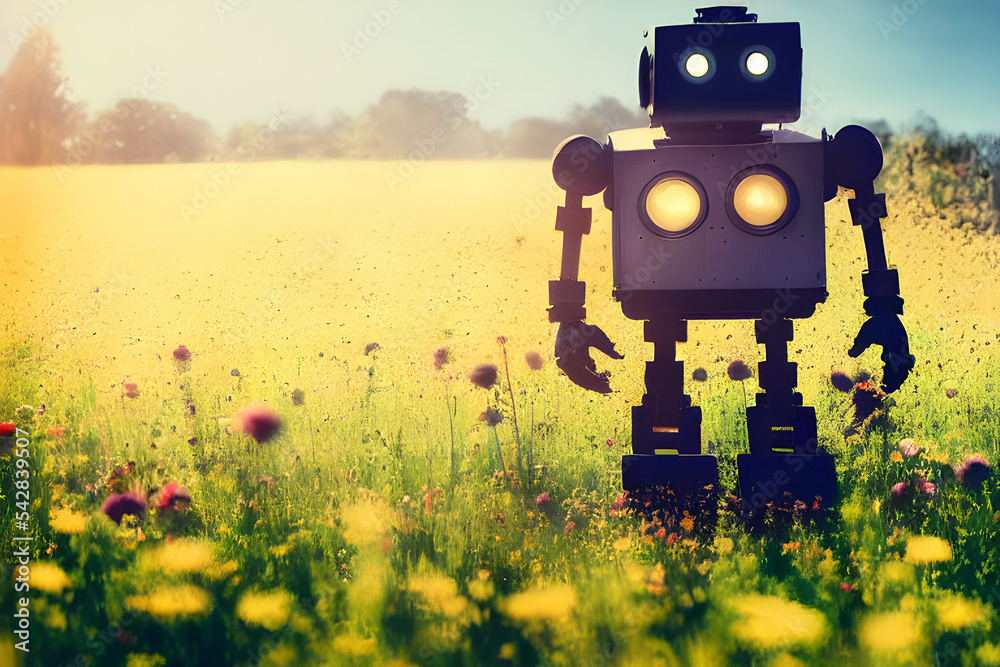 Robot in a field of wildflowers in the sunshine. Technology and nature ...