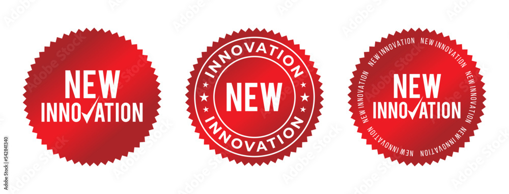Stockvector Set of New Innovation Red round label. Gold and metal ...