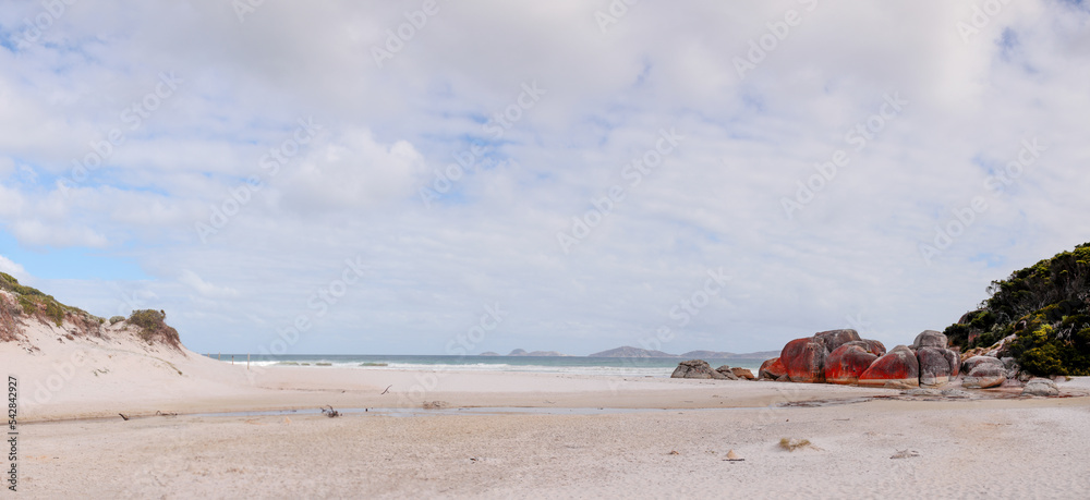 Panoramic of Whiskey bay beach and surrounding native bush land, famous ...