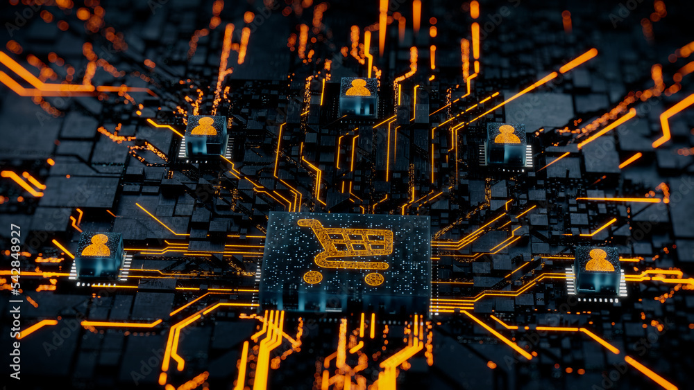 Ecommerce Technology Concept with shopping symbol on a Microchip ...