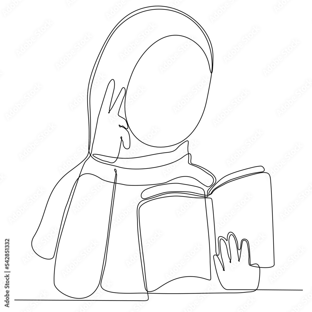 Vetor De Continuously Drawn A Line Of Muslim Girls Reading A Hand Drawn