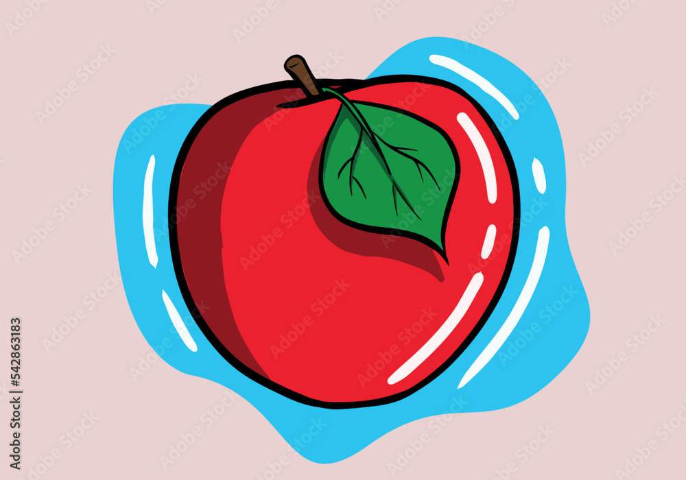 Hand drawn fresh red apple with leaf on isolated background cartoon ...